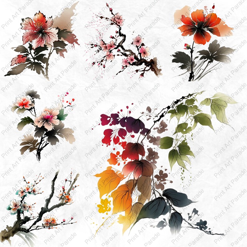Watercolor Japanese Flower Clipart PNG Sumi-e Style Japanese Floral ...