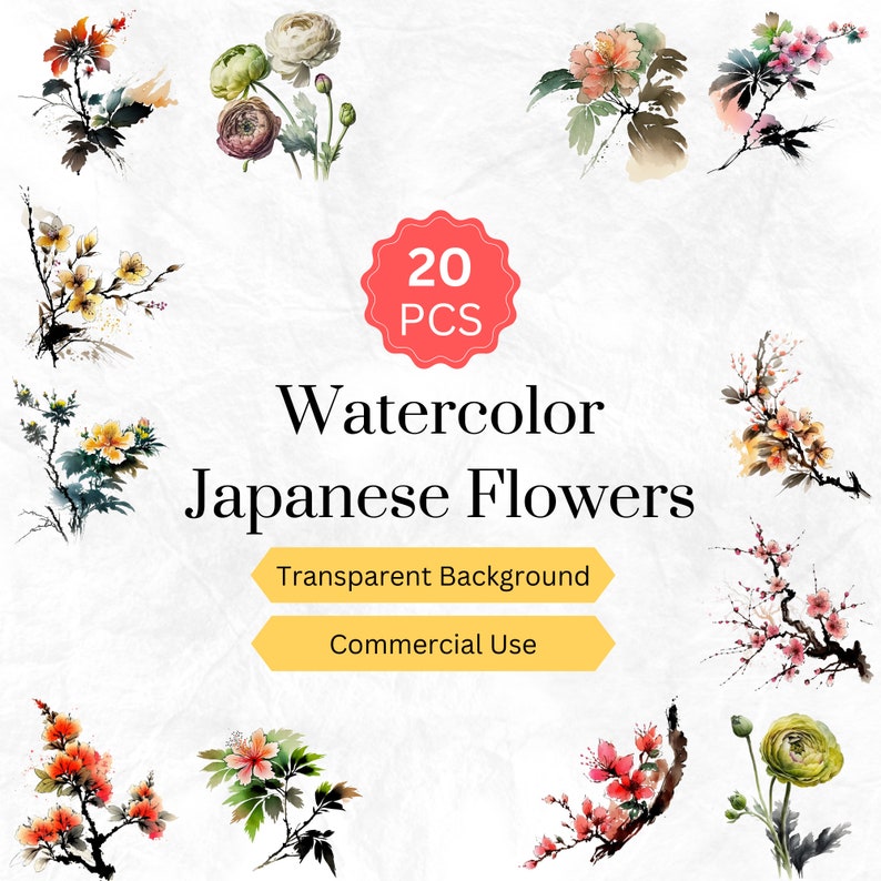 Watercolor Japanese Flower Clipart PNG Sumi-e Style Japanese Floral ...