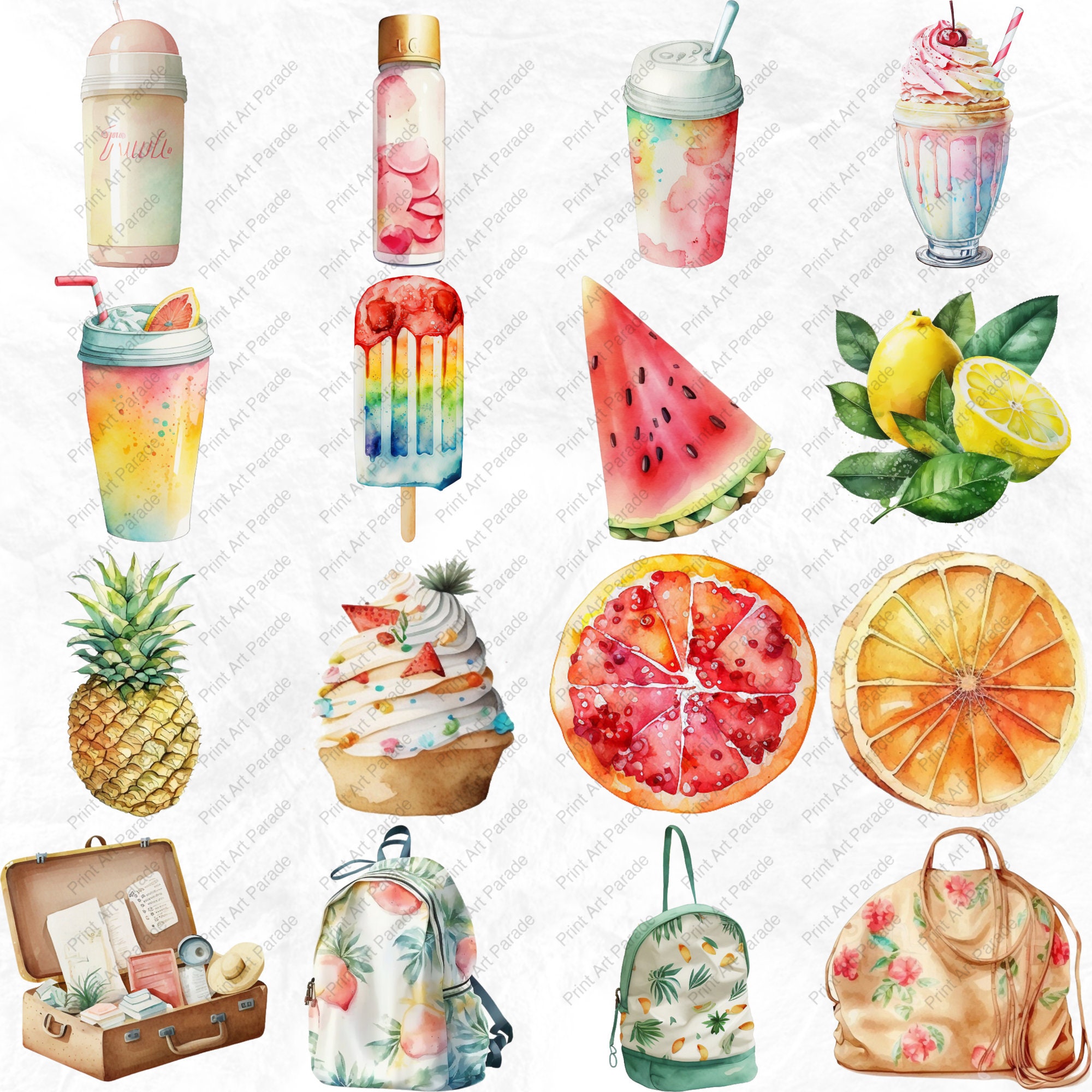 Watercolor Summer Clipart PNG Summer Accessories Digital Graphics ...