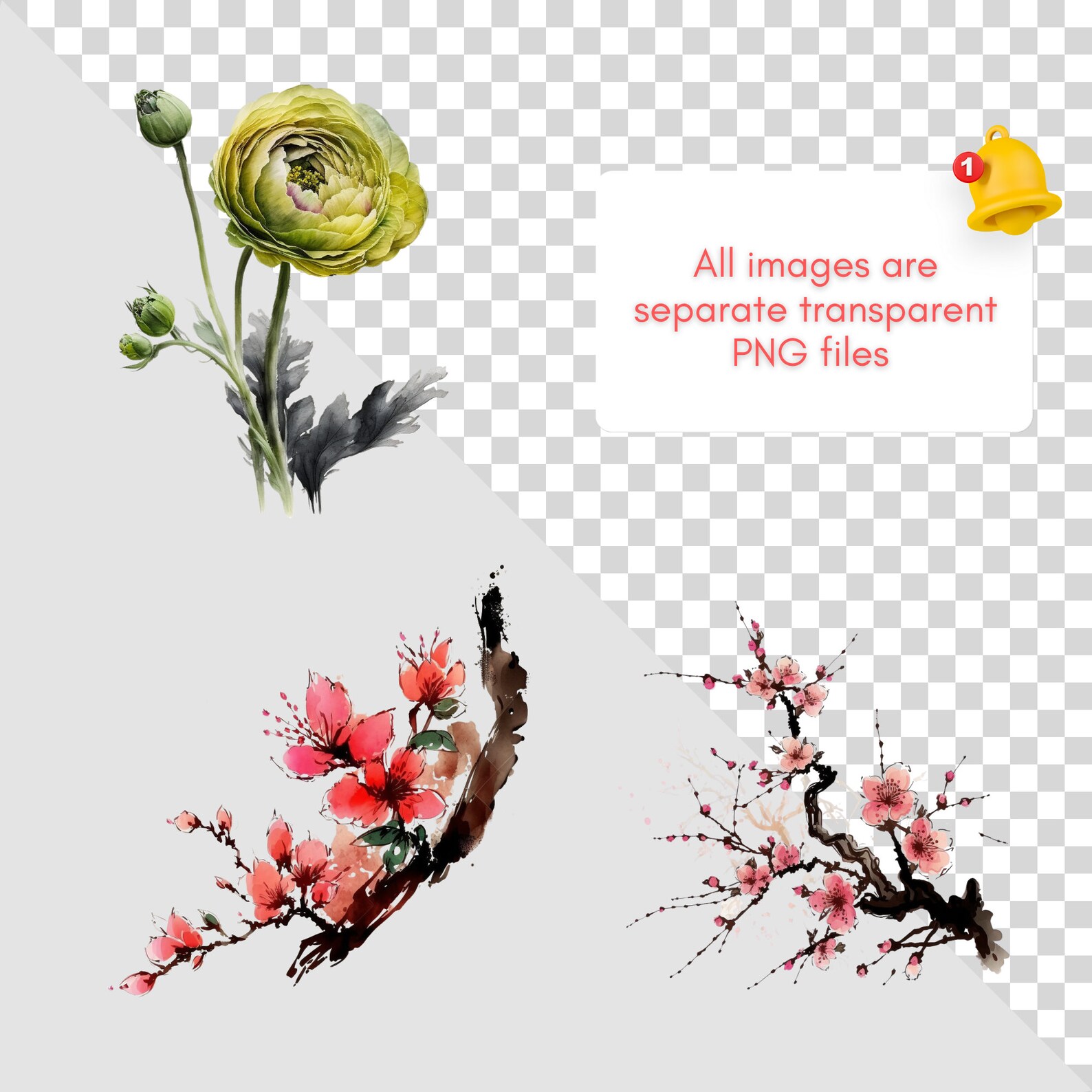 Watercolor Japanese Flower Clipart PNG Sumi-e Style Japanese Floral ...
