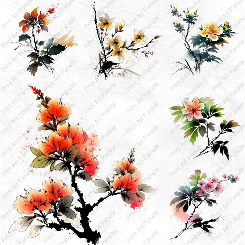 Watercolor Japanese Flower Clipart PNG Sumi-e Style Japanese Floral ...