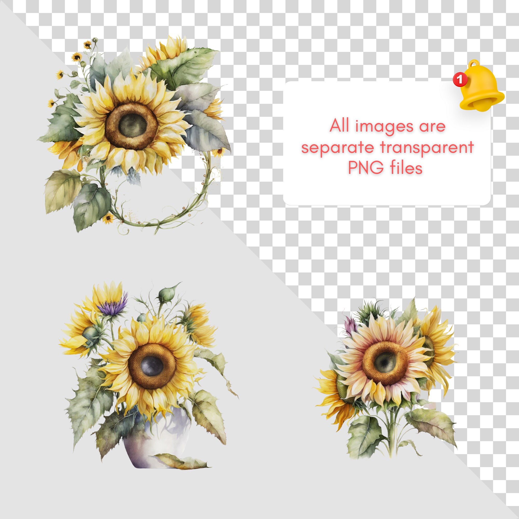Watercolor Sunflower Clipart PNG Sunflower Digital Graphics Instant ...