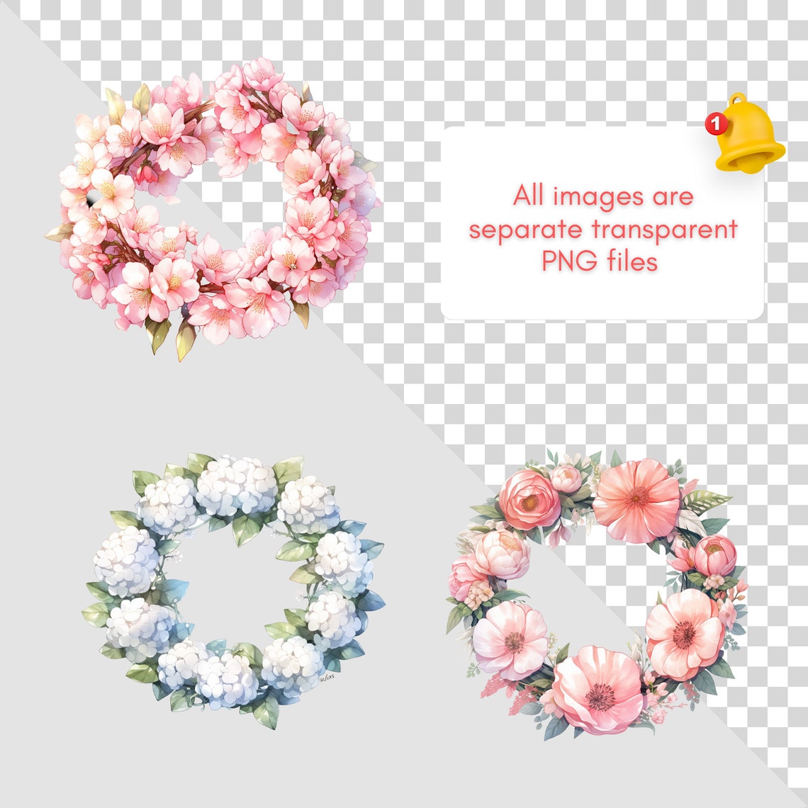 Watercolor Flower Wreath Clipart PNG Floral Wreath Digital Graphics ...