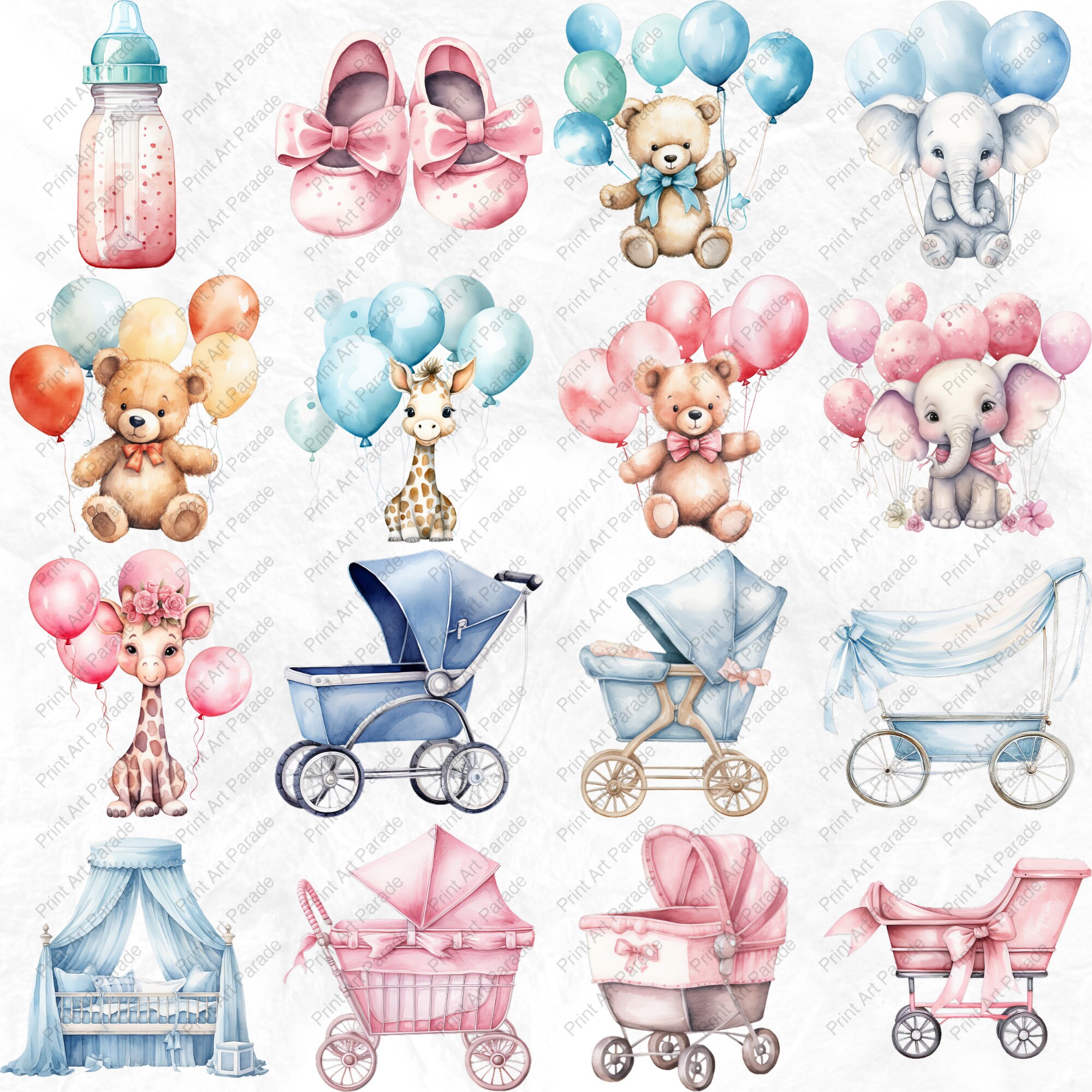 Watercolor Baby Shower Clipart PNG Bundle Newborn Nursery Baby Shower ...