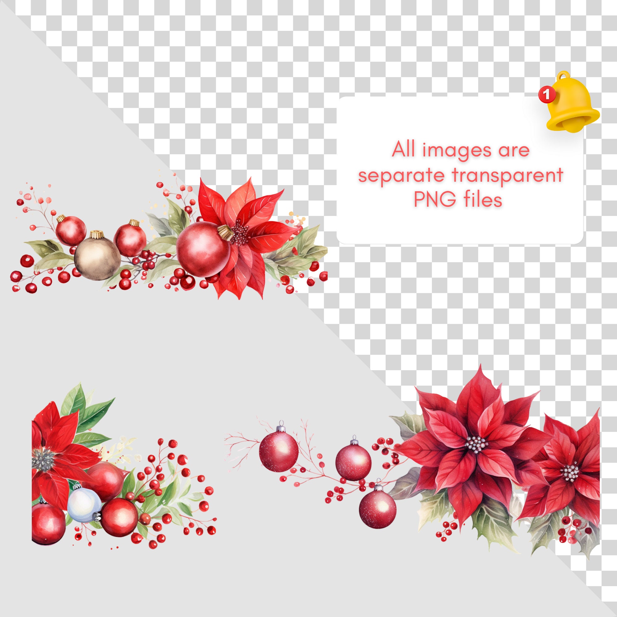 Poinsettia Border Clipart PNG Watercolor Christmas Balls Border Floral ...