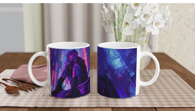 Cyberpunk Anime Mug, Woman on Ledge Graphic, Futuristic Sci-fi Coffee ...