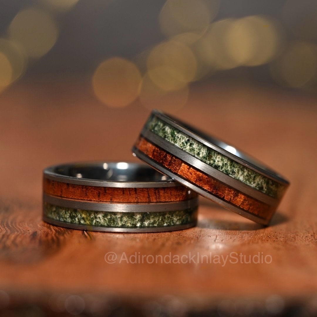 8mm Wood and Moss Agate Ring, Wood Wedding Band, Nature Inspired Ring ...