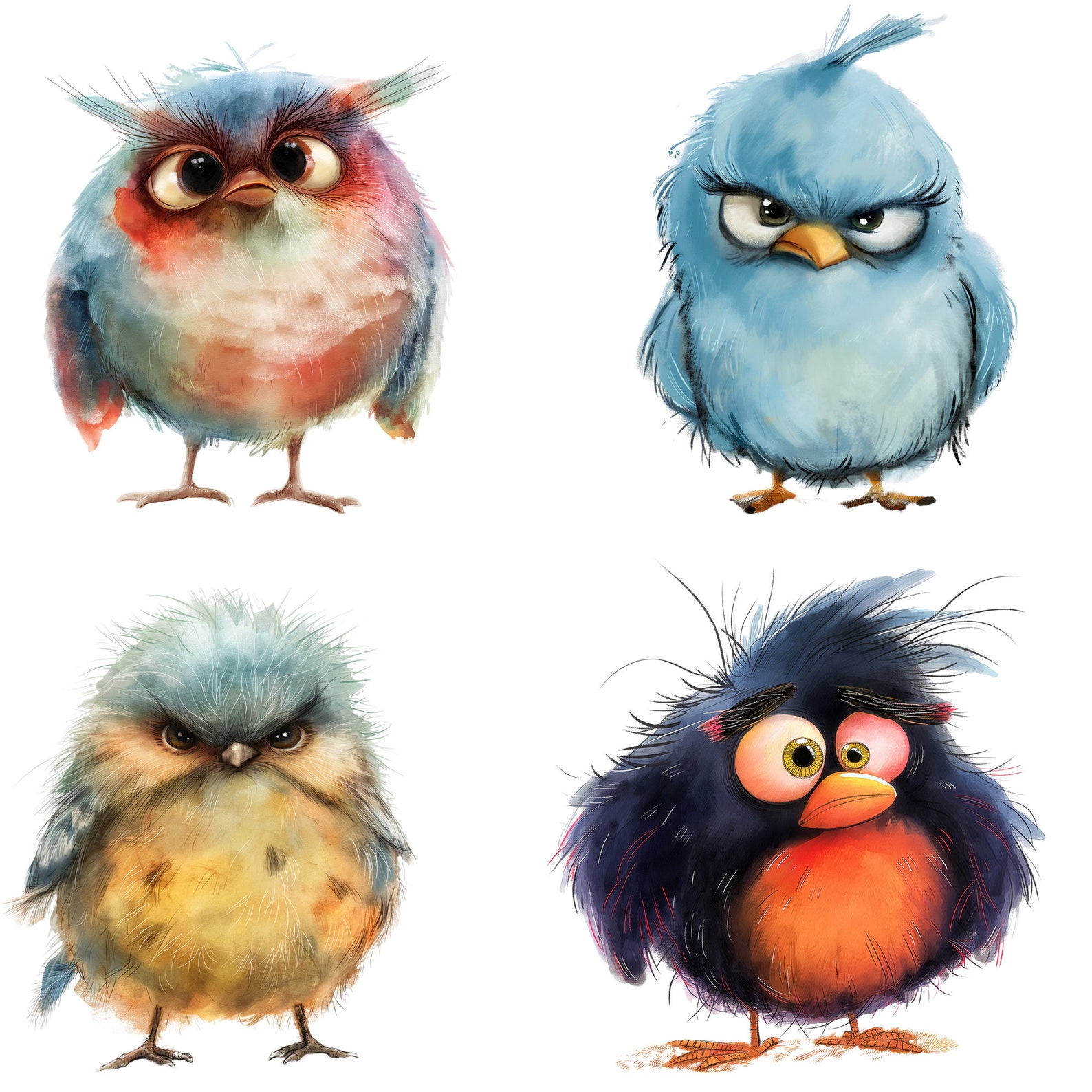 Set of 12 Grumpy Birds Clipart: Digital Art, Watercolor Clipart, High ...