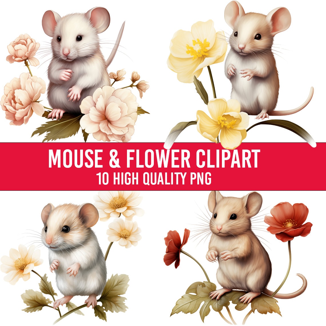 Mouse and Flowers Clipart - 10 High Quality Pngs, Transparent ...