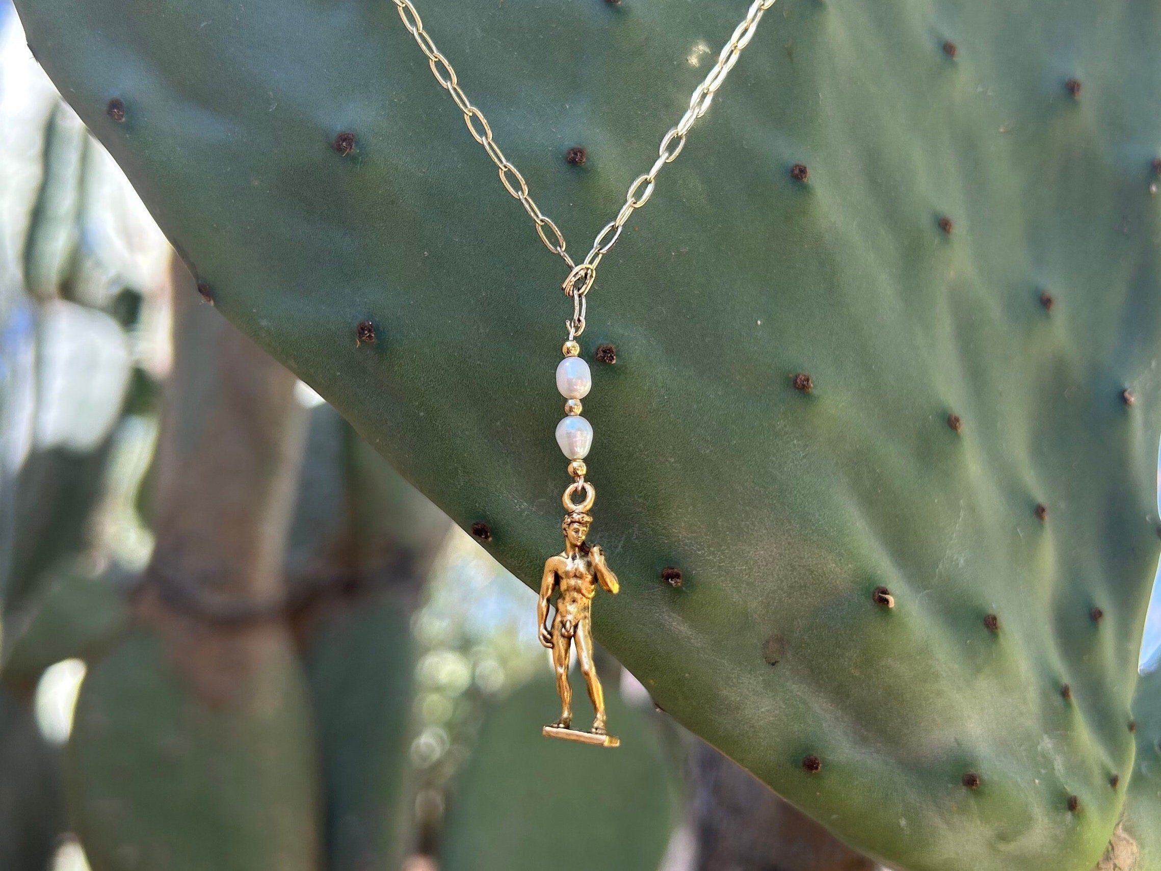 MICHELANGELO Gold David Statue & Moonlight Pearl Pendant Paperclip ...