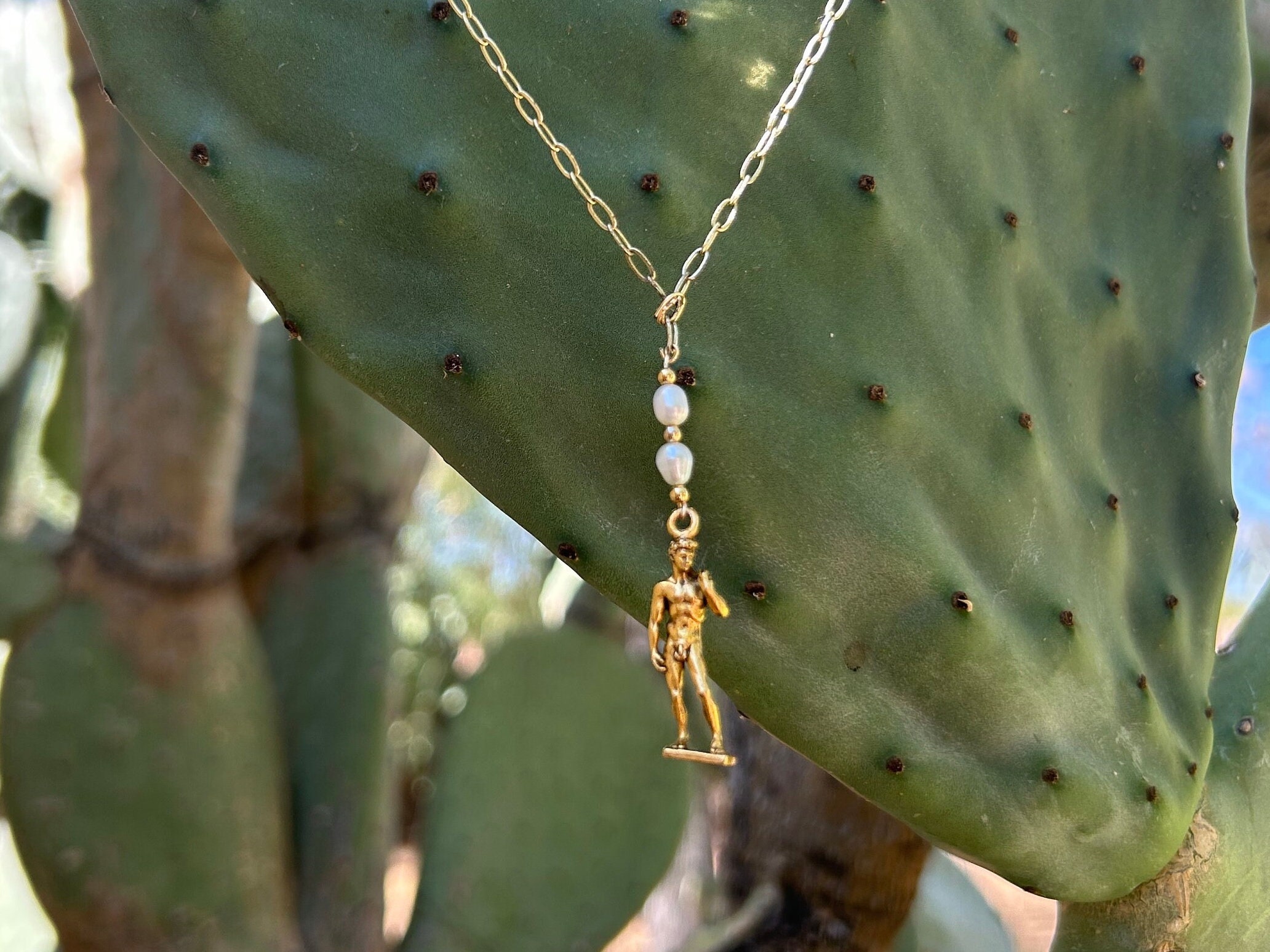 MICHELANGELO Gold David Statue & Moonlight Pearl Pendant Paperclip ...