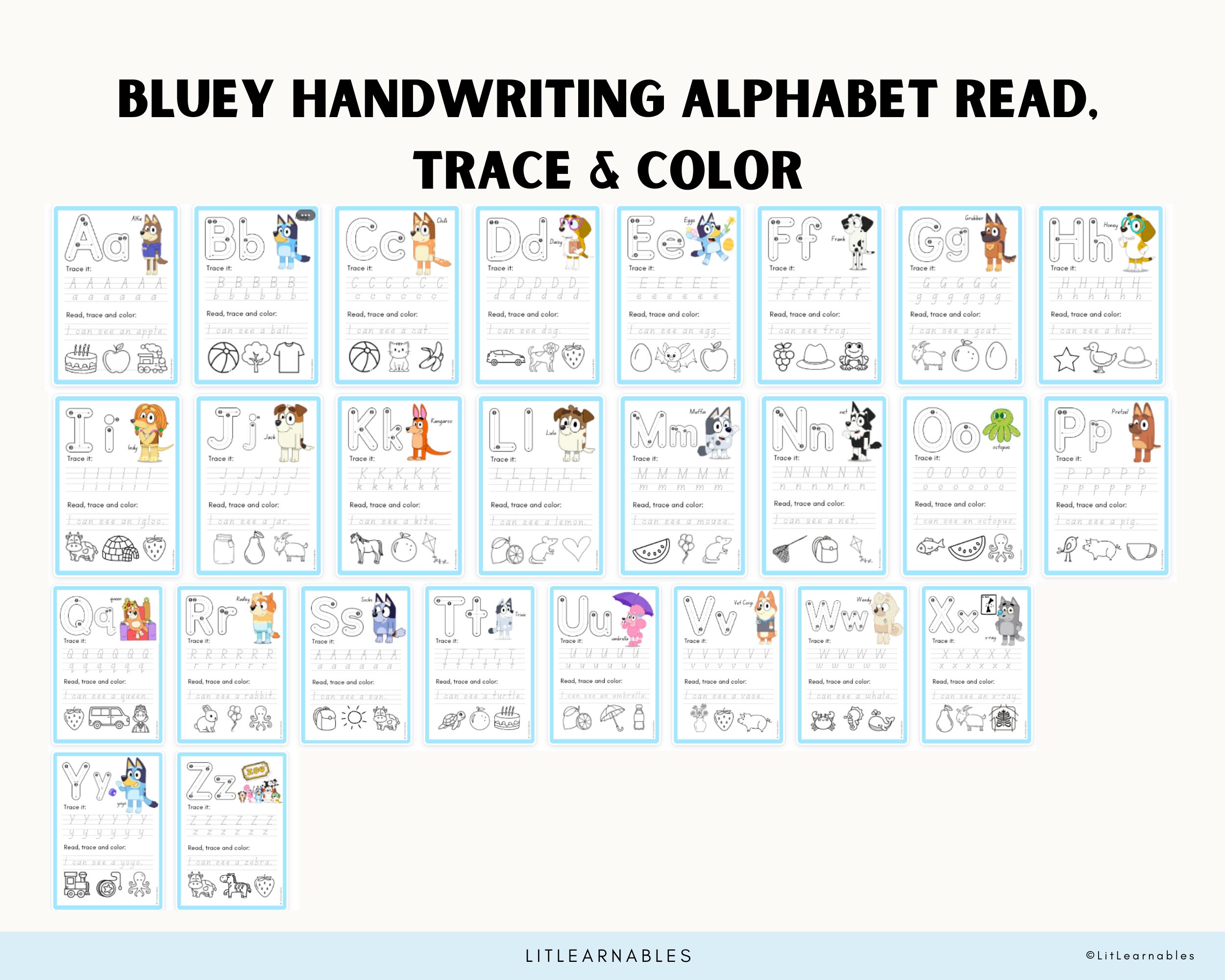 Bluey Handwriting Alphabet Read Trace and Color Prep for School - Etsy ...