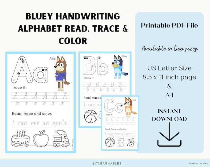 Bluey Handwriting Alphabet Read Trace and Color Prep for School - Etsy