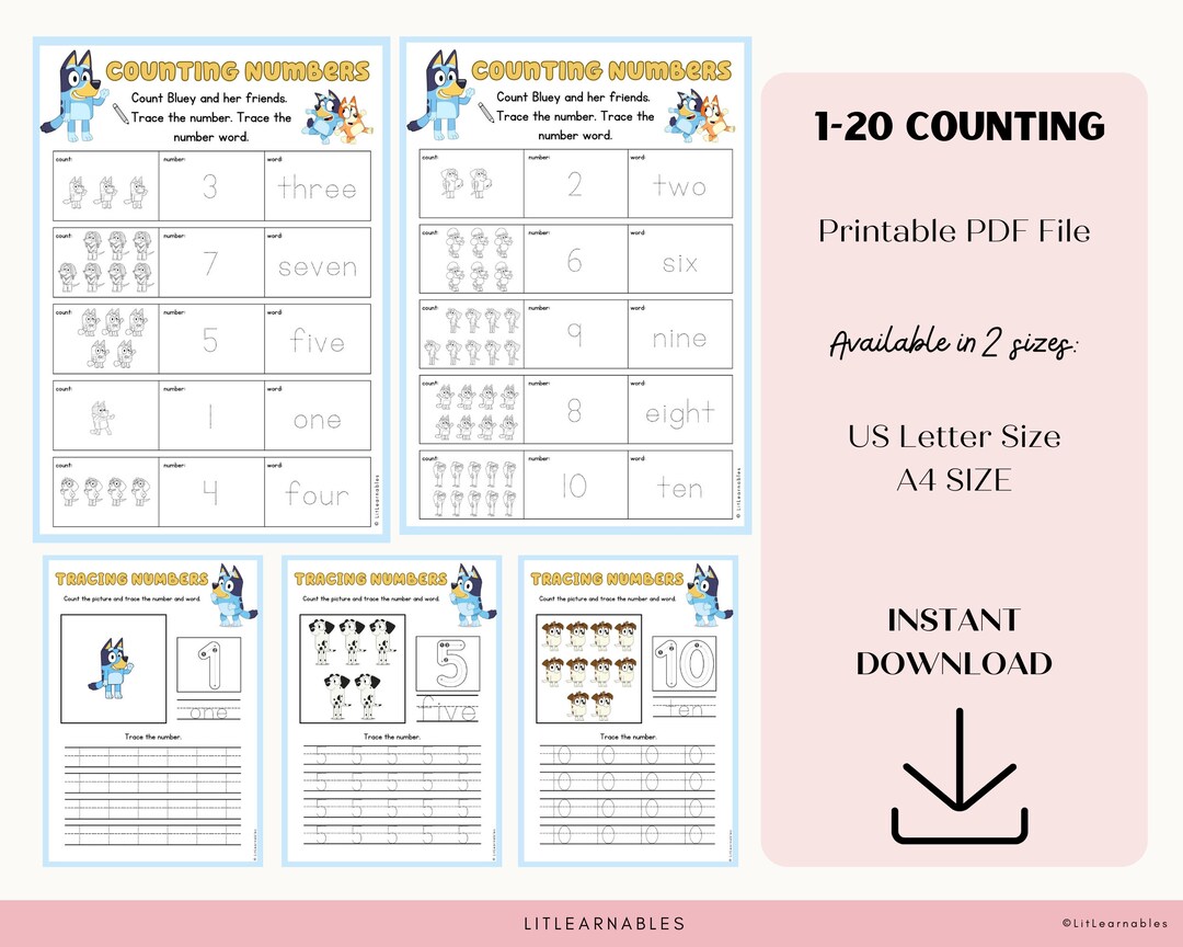 BLUEY Theme Numbers 1-20 Count and Trace Preschool Learning, Learn to ...