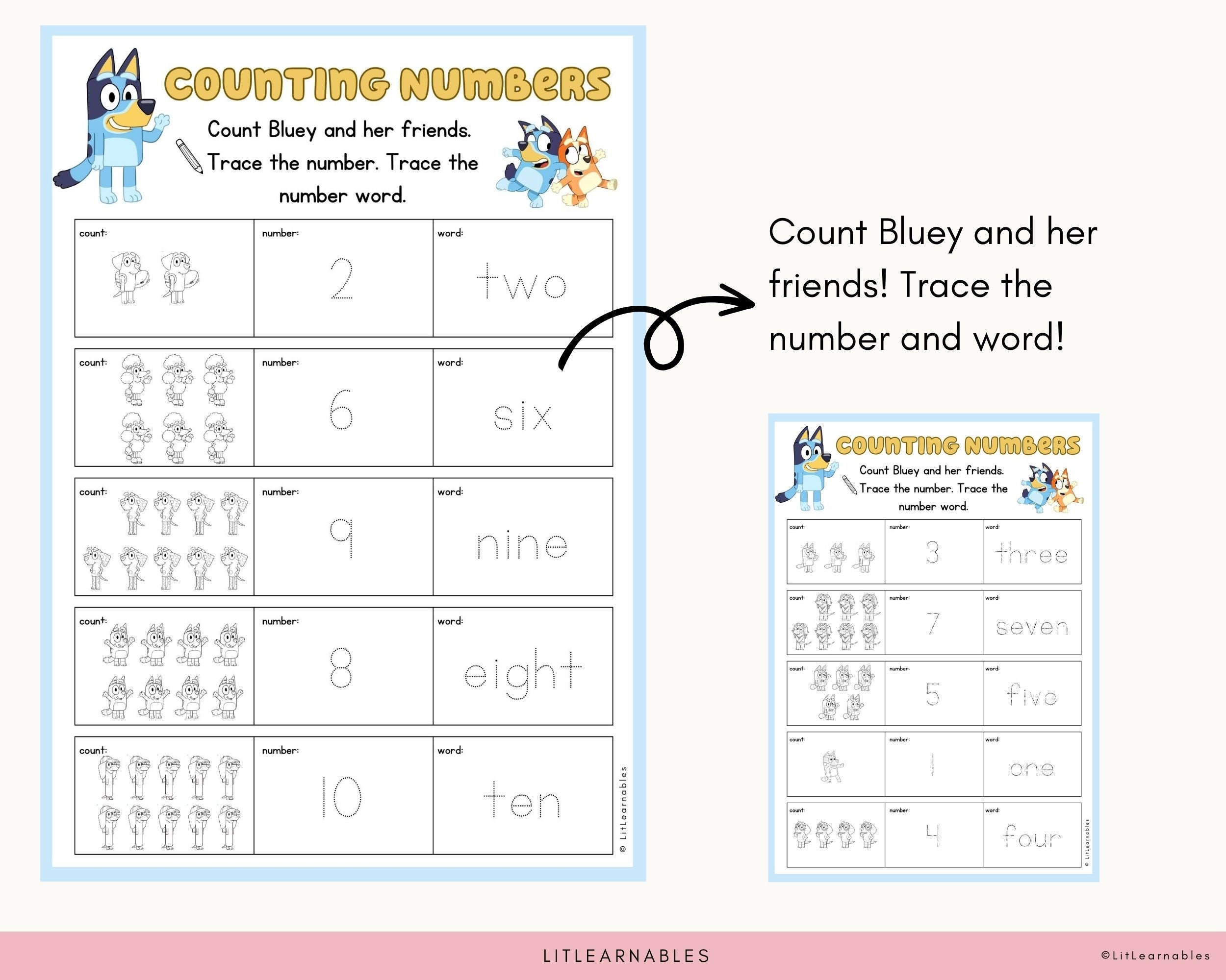 BLUEY Theme Numbers 1-20 Count and Trace Preschool Learning - Etsy ...