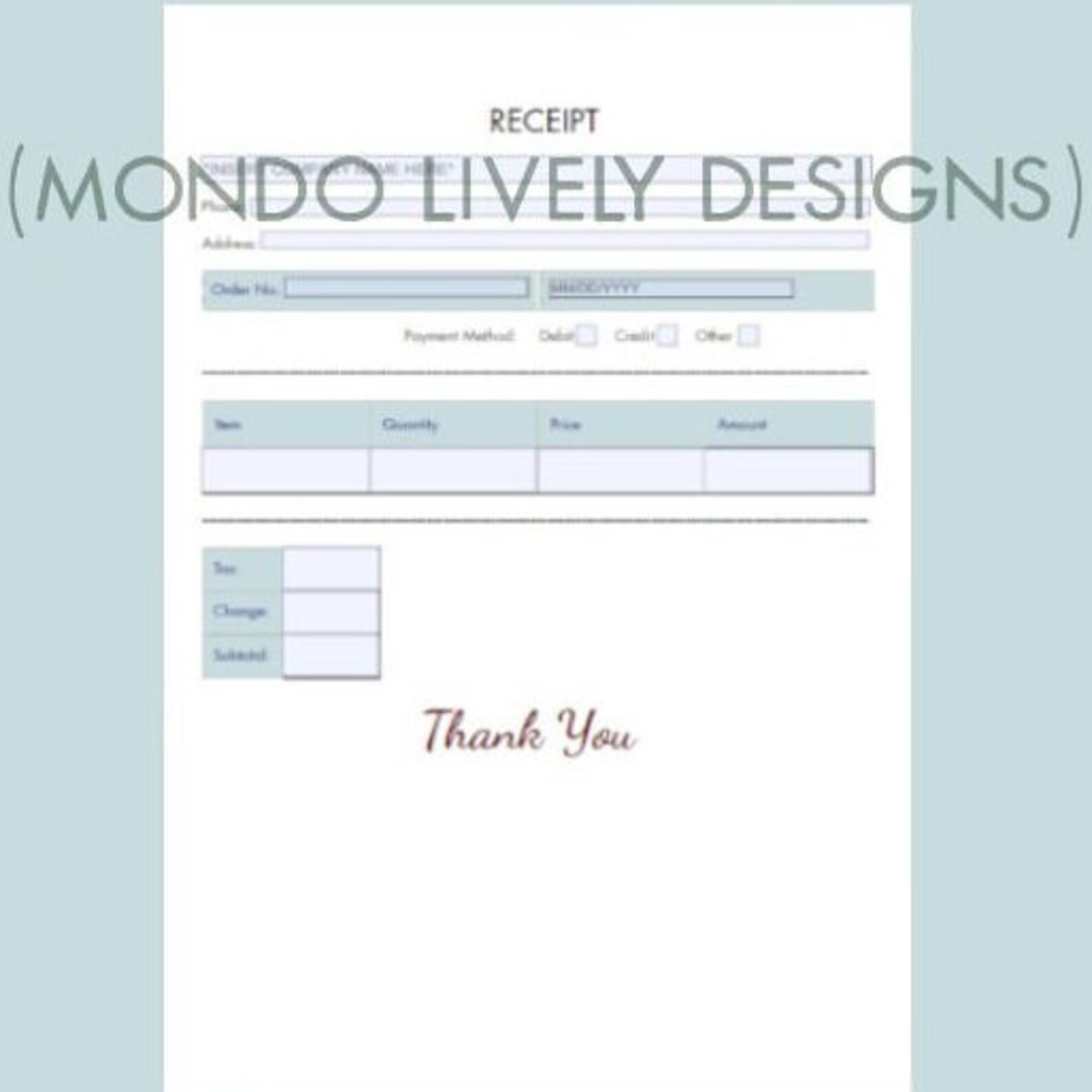 Editable Digital Receipt Template (blue) - Etsy