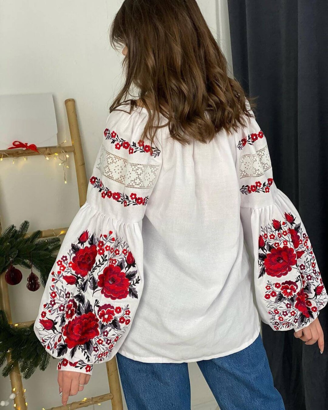 Embroidered Women's Shirt Red Flowers/ Linen Blouse/ Boho/ - Etsy