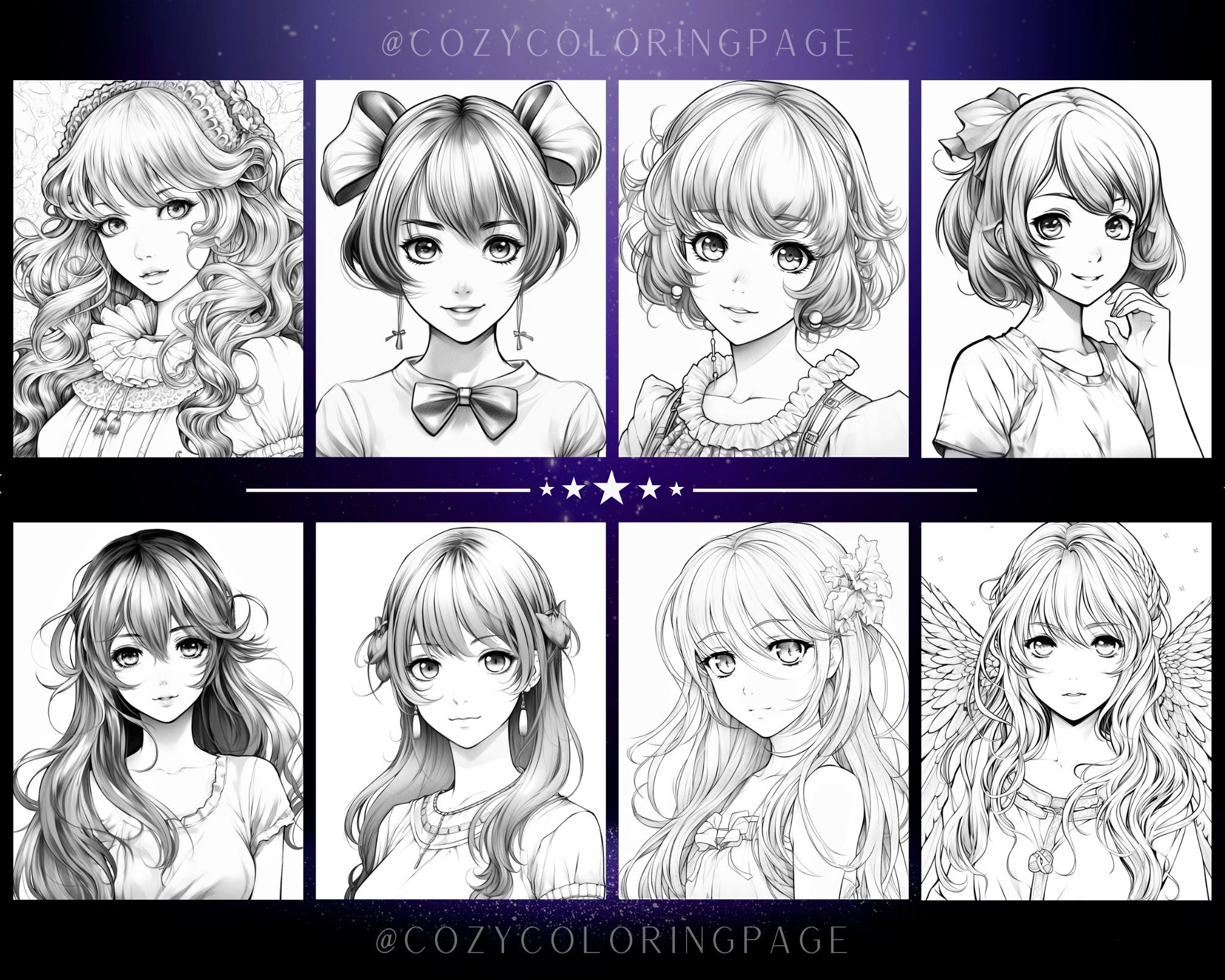 Anime Girl Portraits 26 Coloring Sheets, Gorgeous Adult Coloring Pages ...