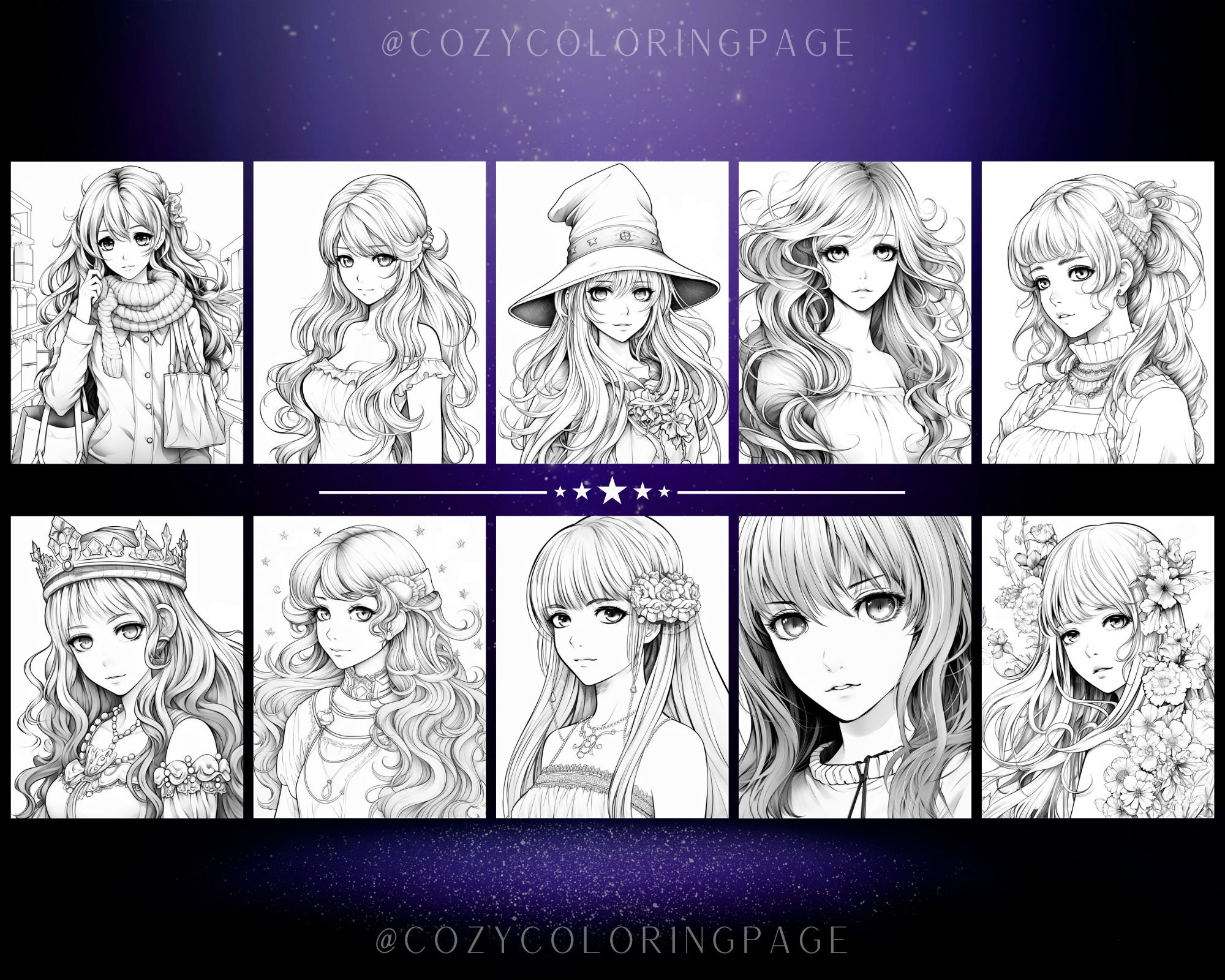 Anime Girl Portraits 26 Coloring Sheets, Gorgeous Adult Coloring Pages ...