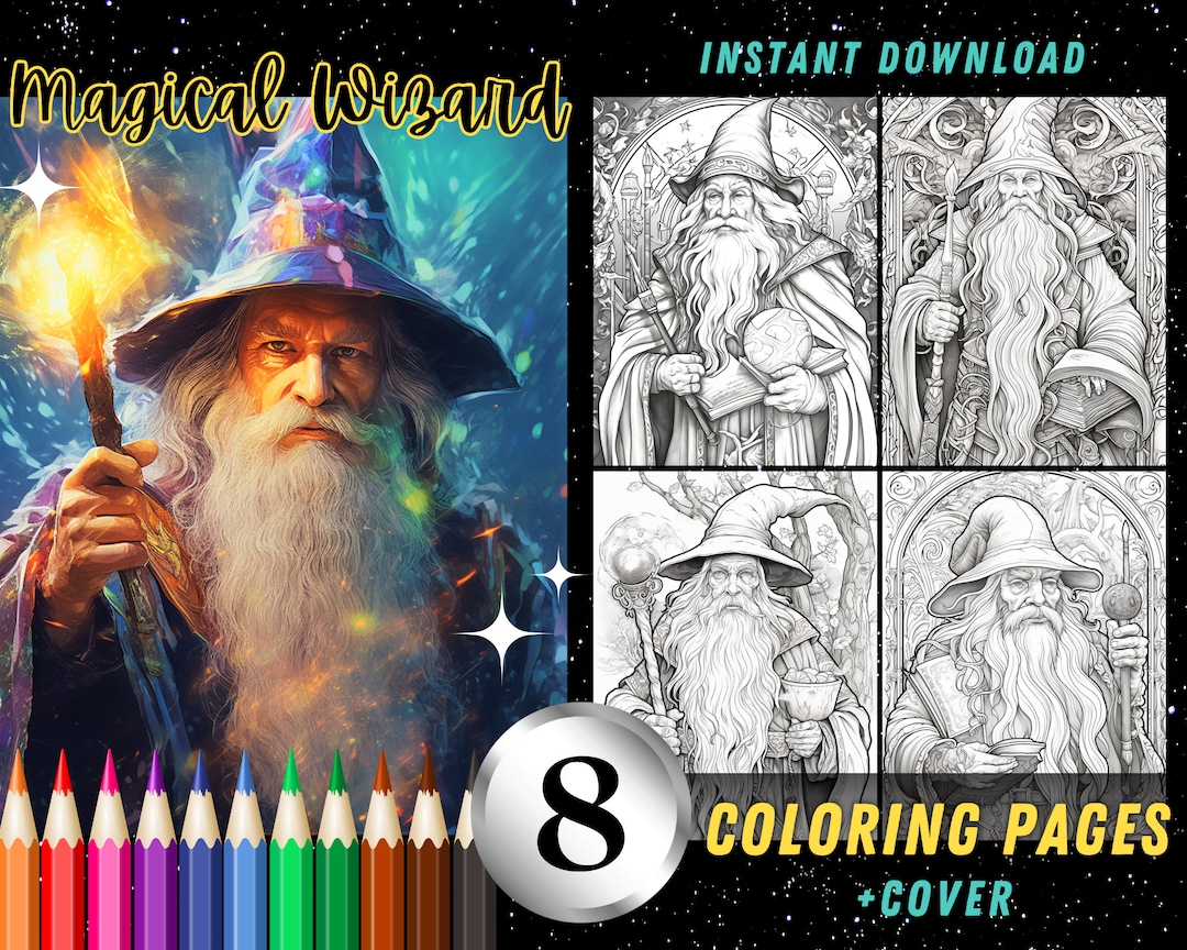 Fantasy Magical Wizards 8 Coloring Sheets, Gorgeous Adult Coloring ...