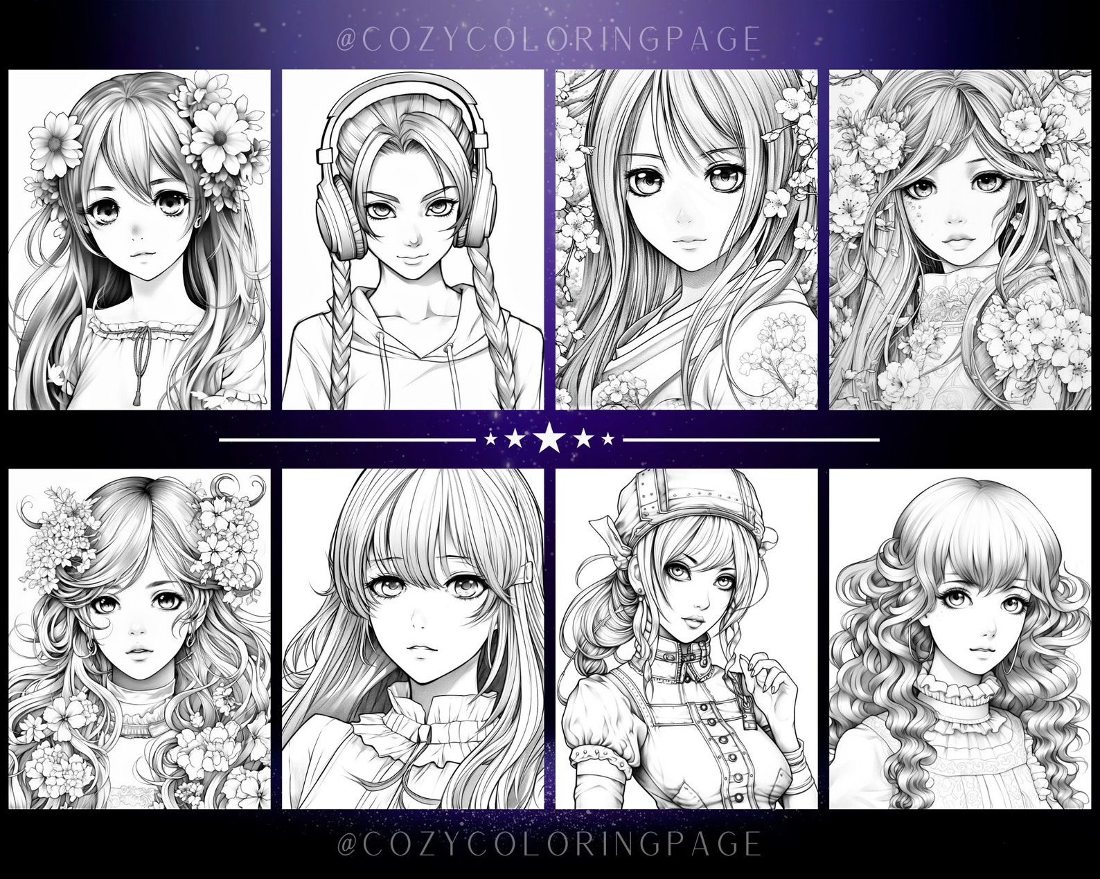 Anime Girl Portraits 26 Coloring Sheets, Gorgeous Adult Coloring Pages ...