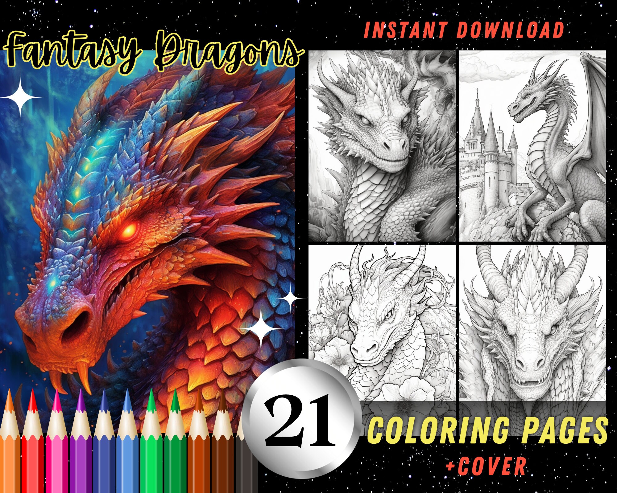 Fantasy Dragons 21 Coloring Sheets, Gorgeous Adult Coloring Pages ...