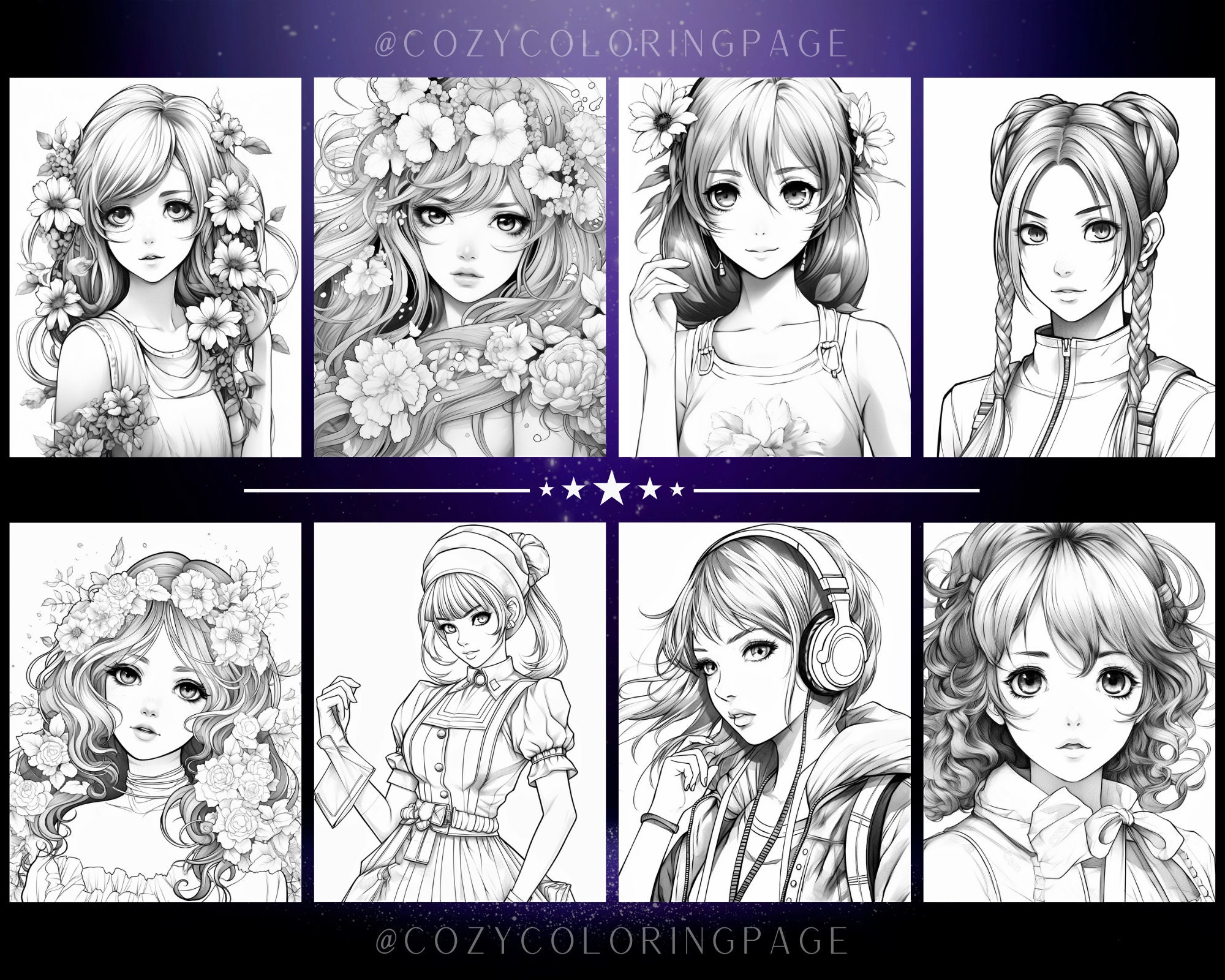 Anime Girl Portraits 26 Coloring Sheets, Gorgeous Adult Coloring Pages ...