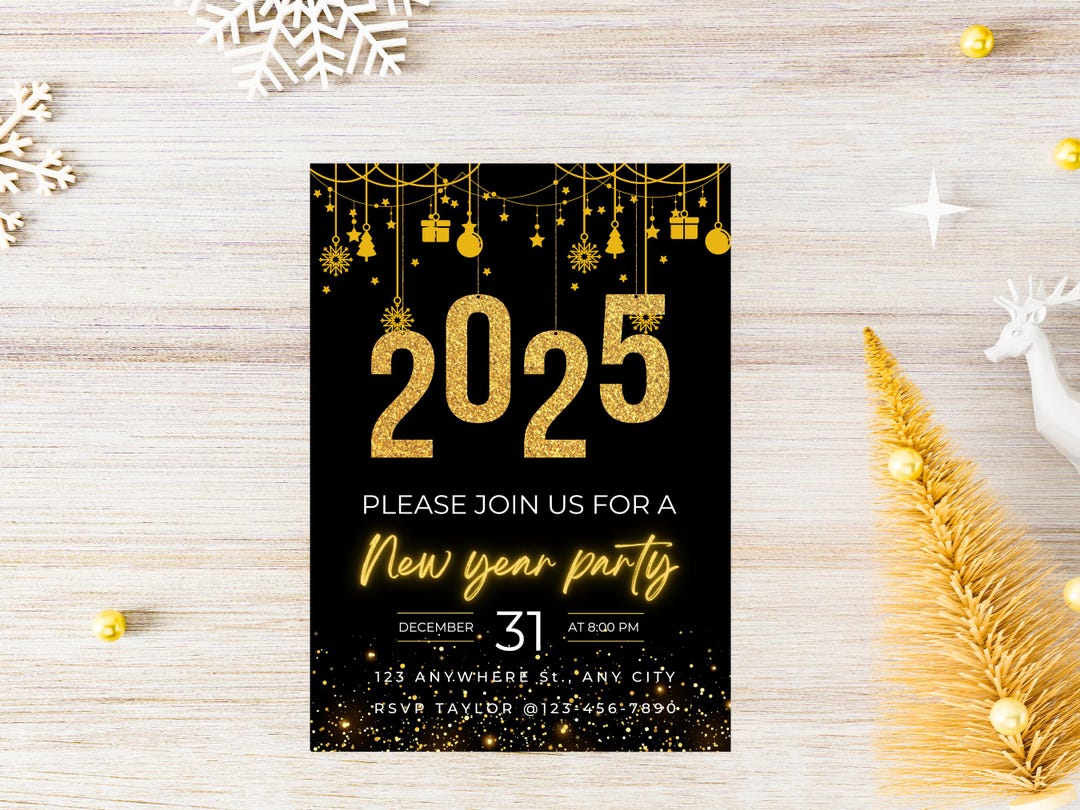 Editable Neon New Year Invitation, 2025 New Years Party Invitation ...