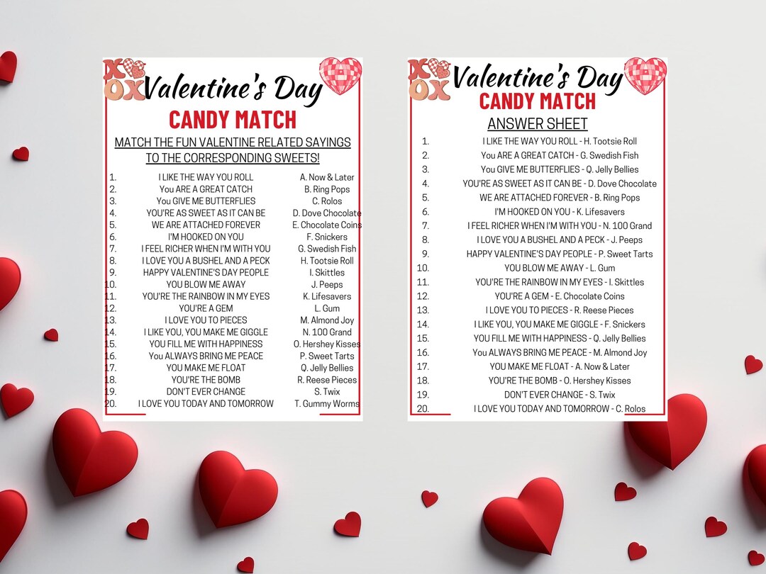 Valentine's Day Candy Match Game, Fun Valentine's Party Game, Printable ...