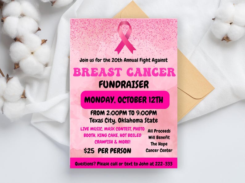 Editable Breast Cancer Fundraiser Flyer,breast Cancer Awareness Invite,diy Breast Cancer ...