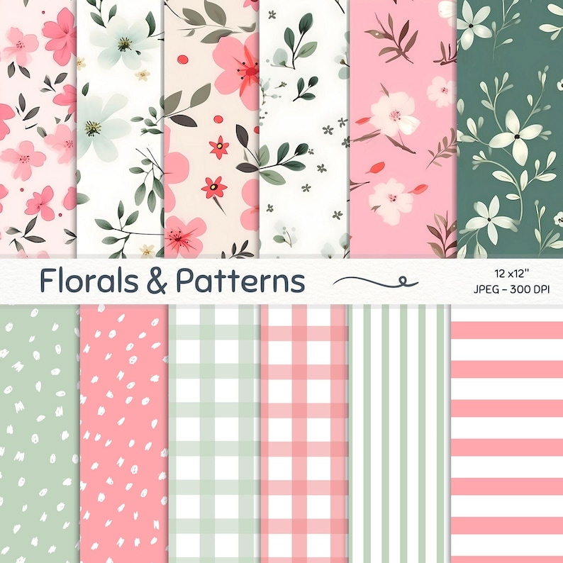 Pink and Green Floral Digital Paper, Seamless Flower Pattern, Pink and ...