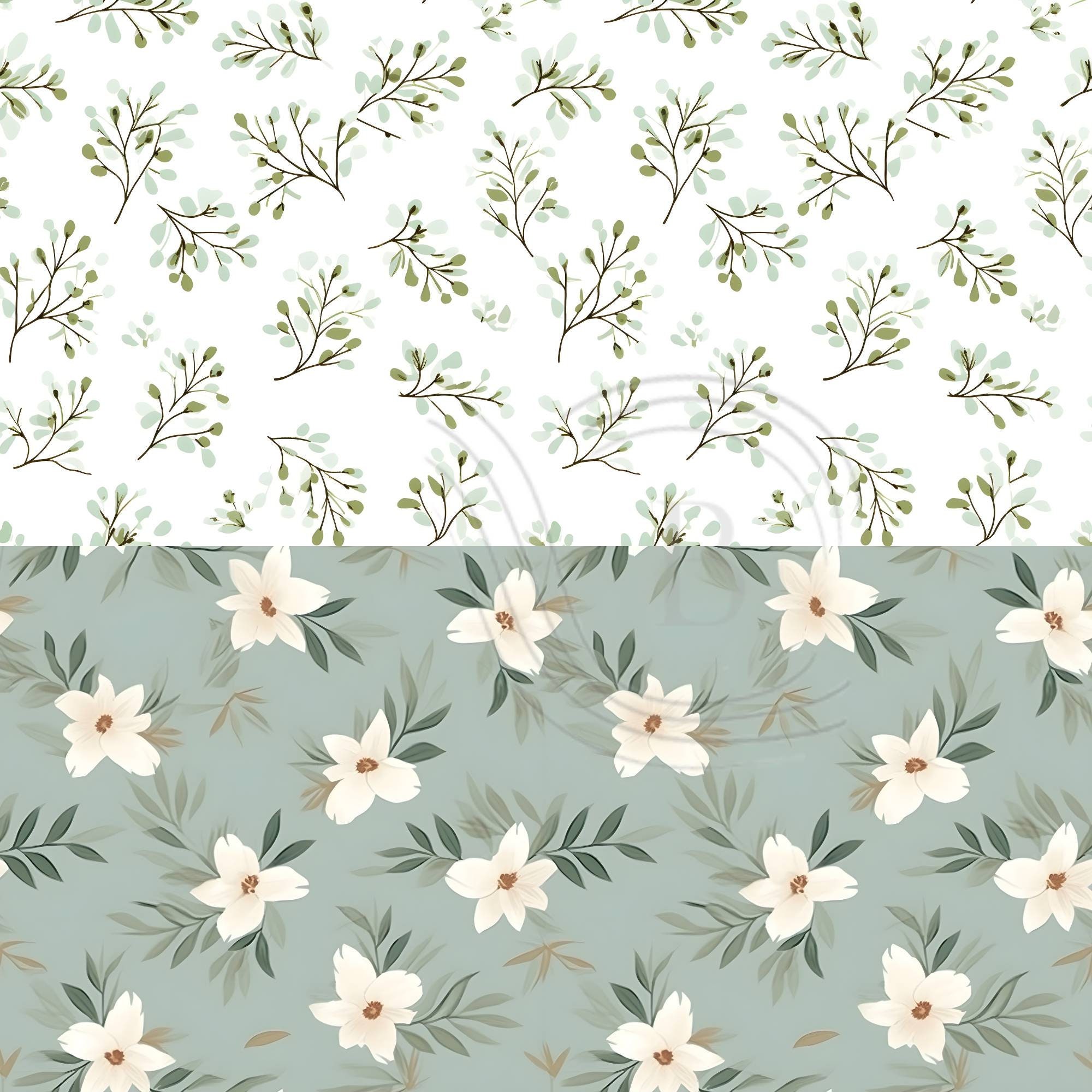 Green Floral Digital Paper, Seamless Floral Pattern, Gingham and Polka ...