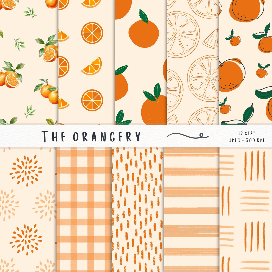 Orange Print Digital Paper, Orange Fruit Seamless Pattern, Stripes and ...