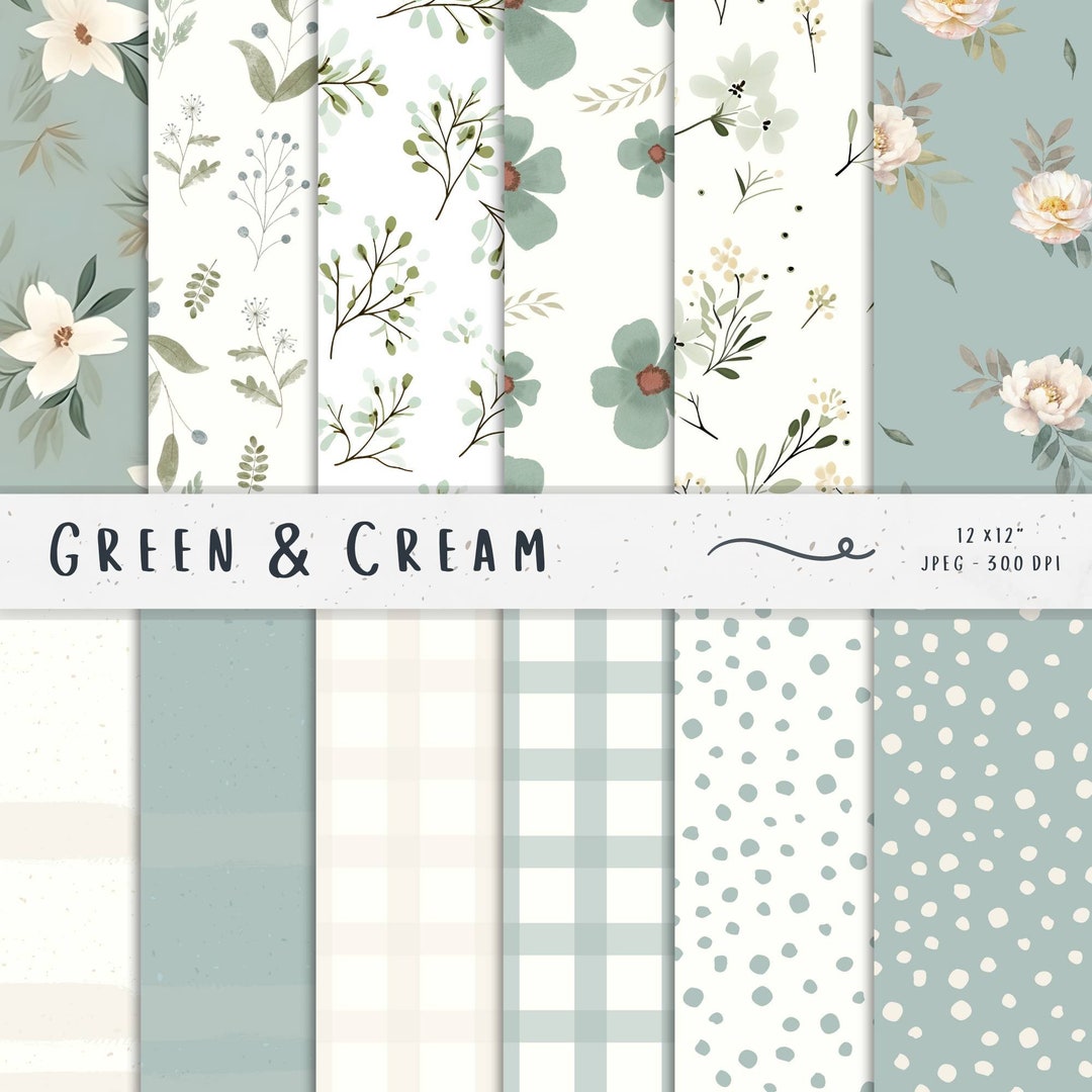 Green Floral Digital Paper, Seamless Floral Pattern, Gingham and Polka ...