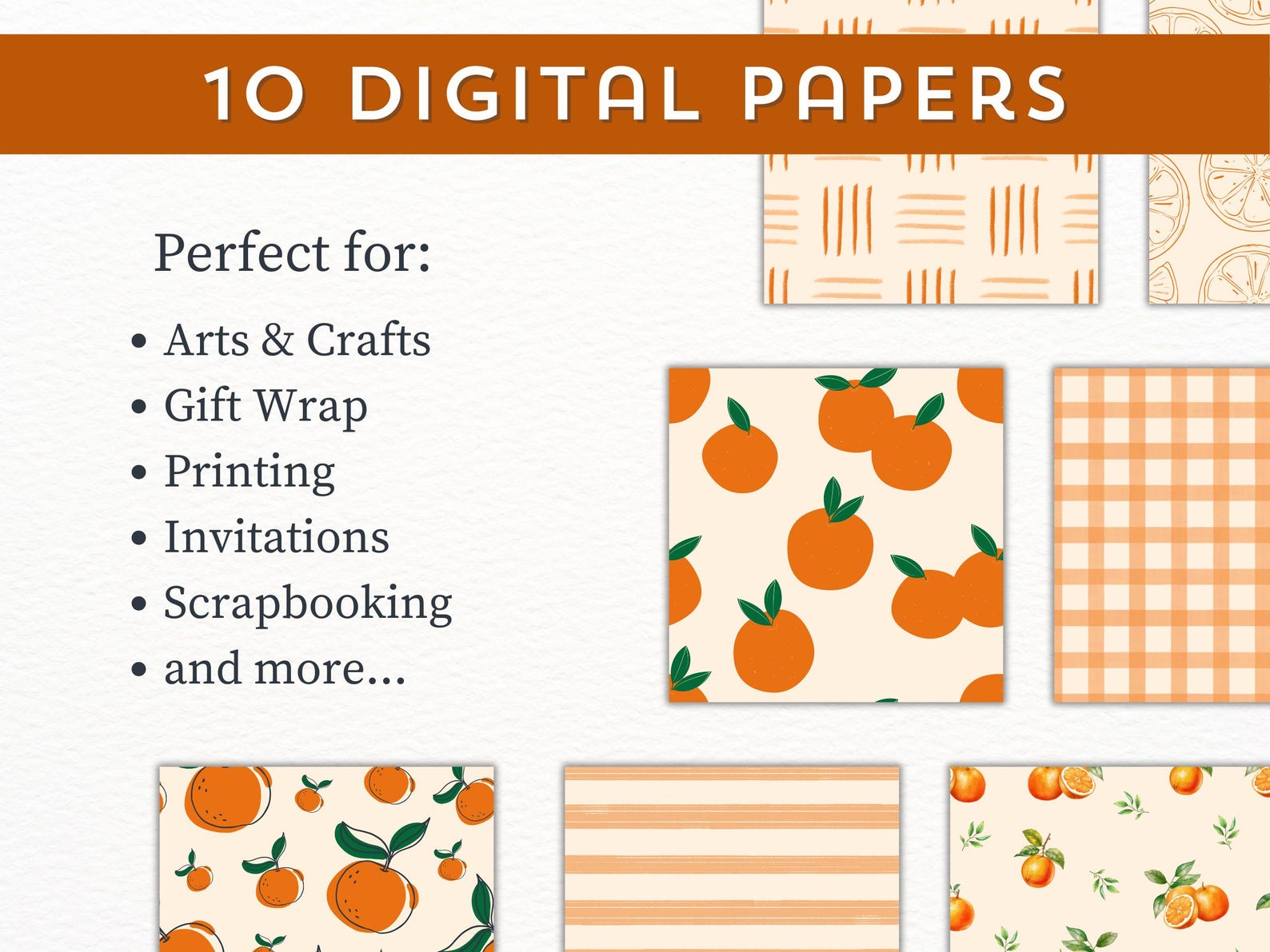 Orange Print Digital Paper, Orange Fruit Seamless Pattern, Stripes and ...