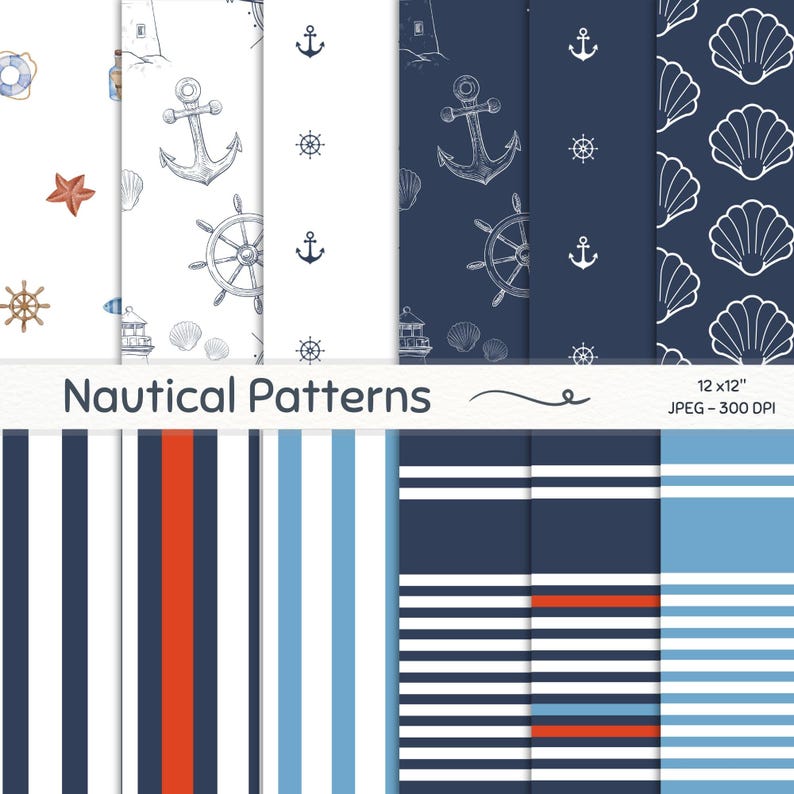 Nautical Digital Paper, Seamless Navy and Blue Pattern, Nautical ...