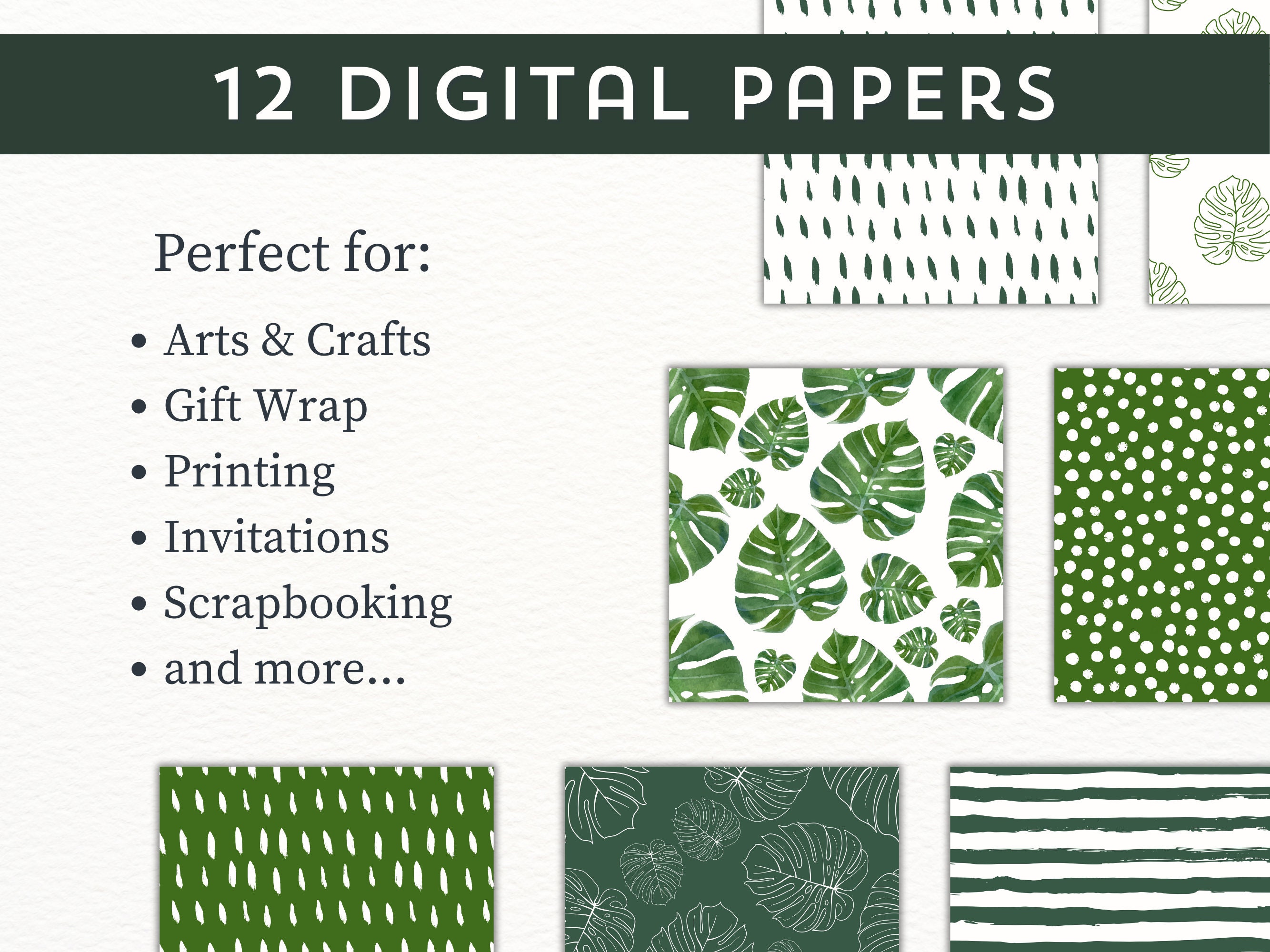 Monstera Leaf Print Digital Paper, Green Leaf Seamless Pattern, Stripes ...