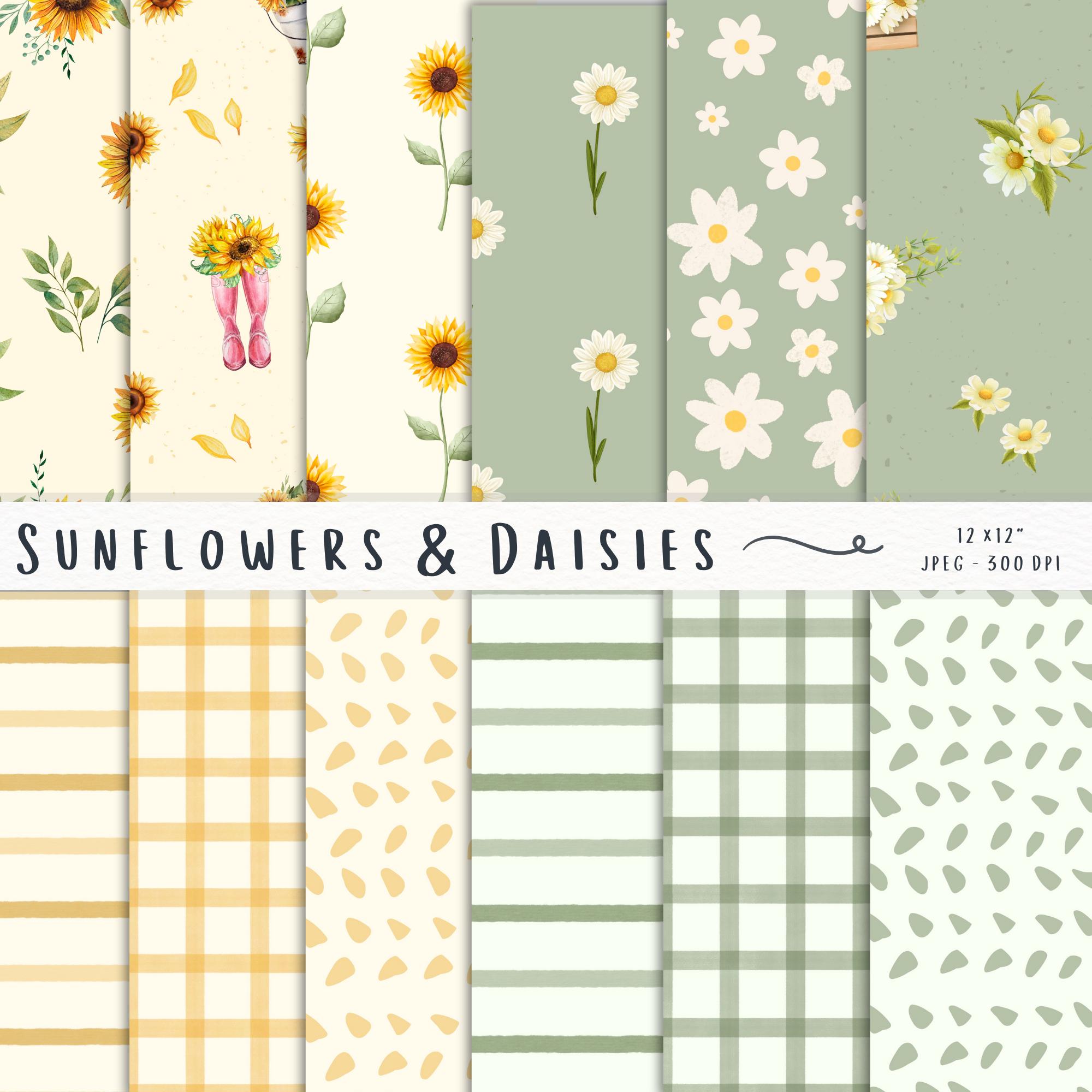 Sunflower and Daisy Digital Paper, Seamless Yellow Floral Pattern ...