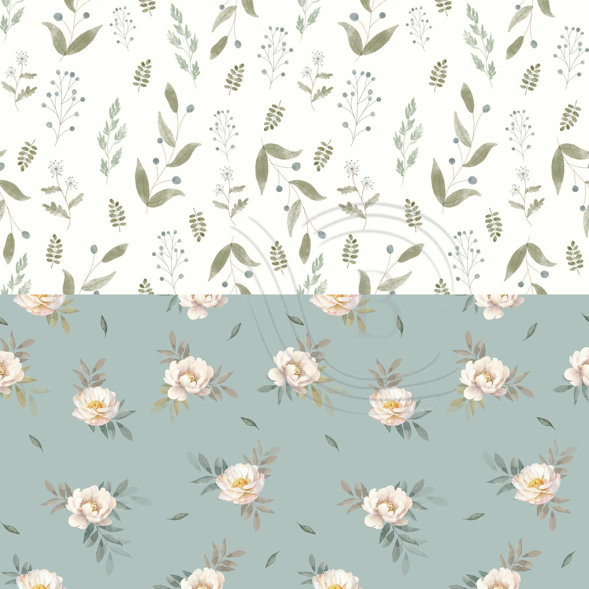 Green Floral Digital Paper, Seamless Floral Pattern, Gingham and Polka ...