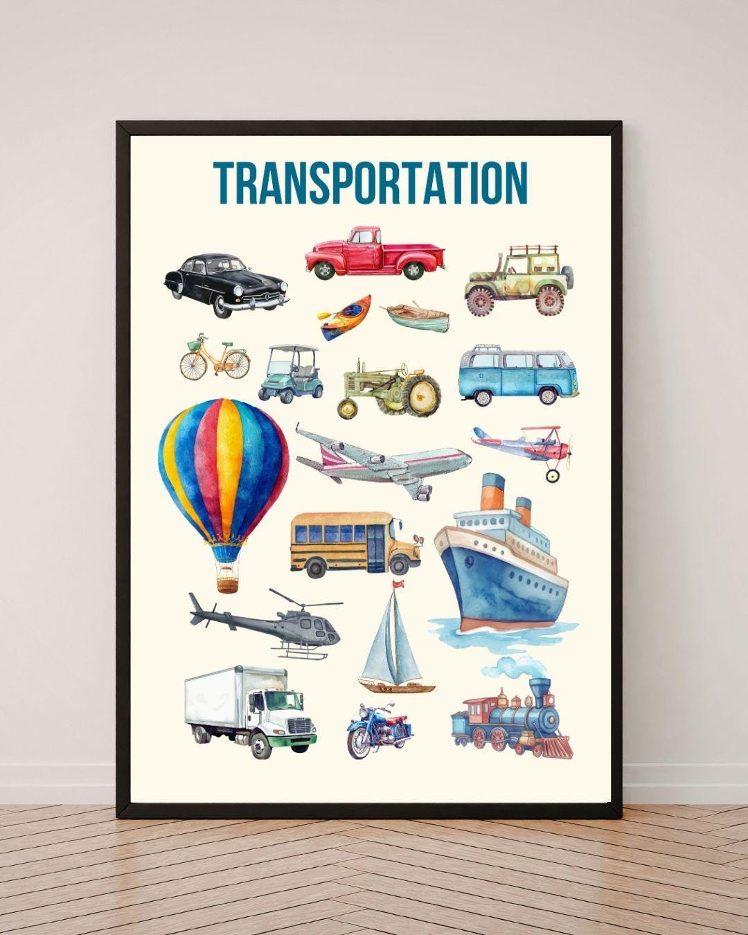 Transportation Educational Poster, Printable Watercolor Vehicles Wall ...