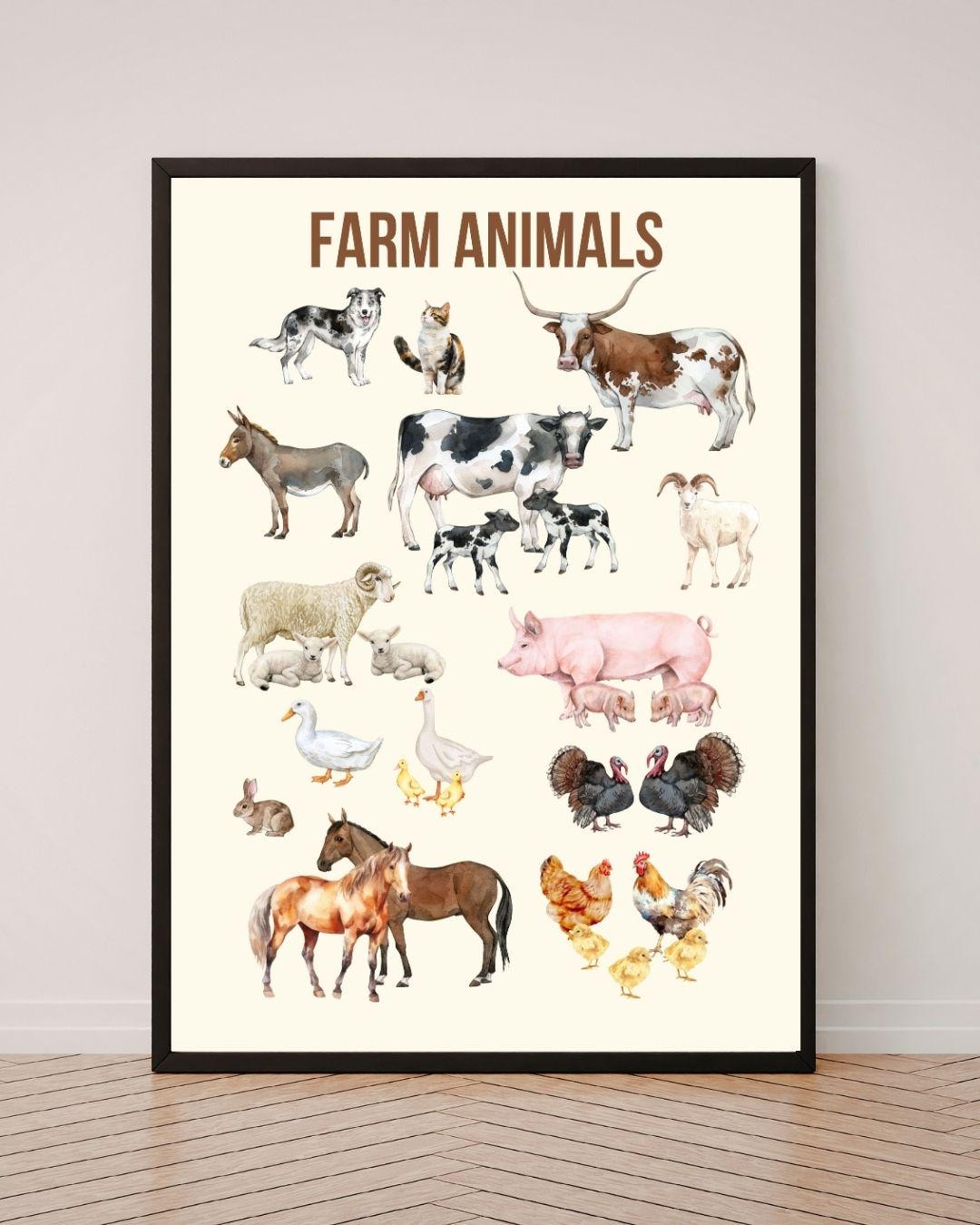 Farm Animals Educational Poster, Printable Watercolor Farmyard Wall Art ...