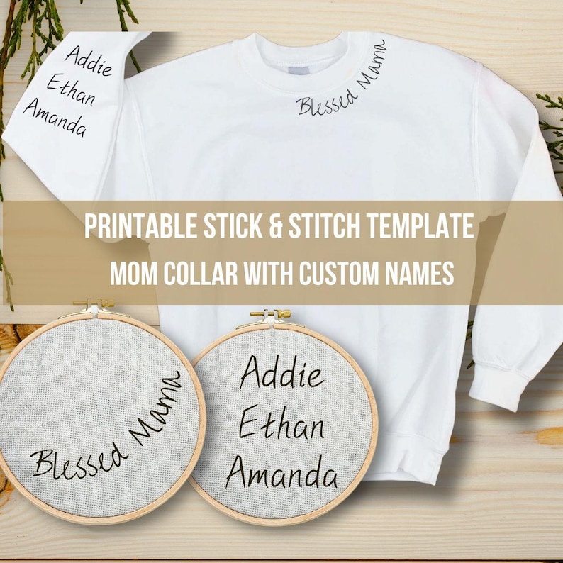 Stick and Stitch Embroidery Printable Mom Collars + Custom Kids Names PDF Pattern Template ...