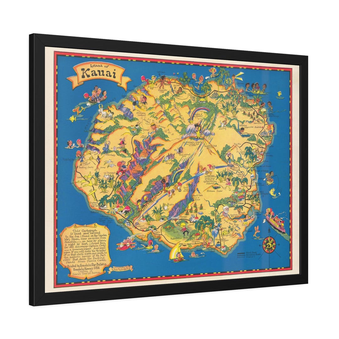 Island of Kauai Hawaii 1931 Vintage Pictorial Map Framed Poster - Etsy