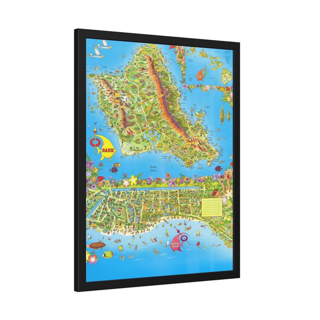 Waikiki Beach Oahu Island Hawaii 1956 Vintage Pictorial Map Framed ...