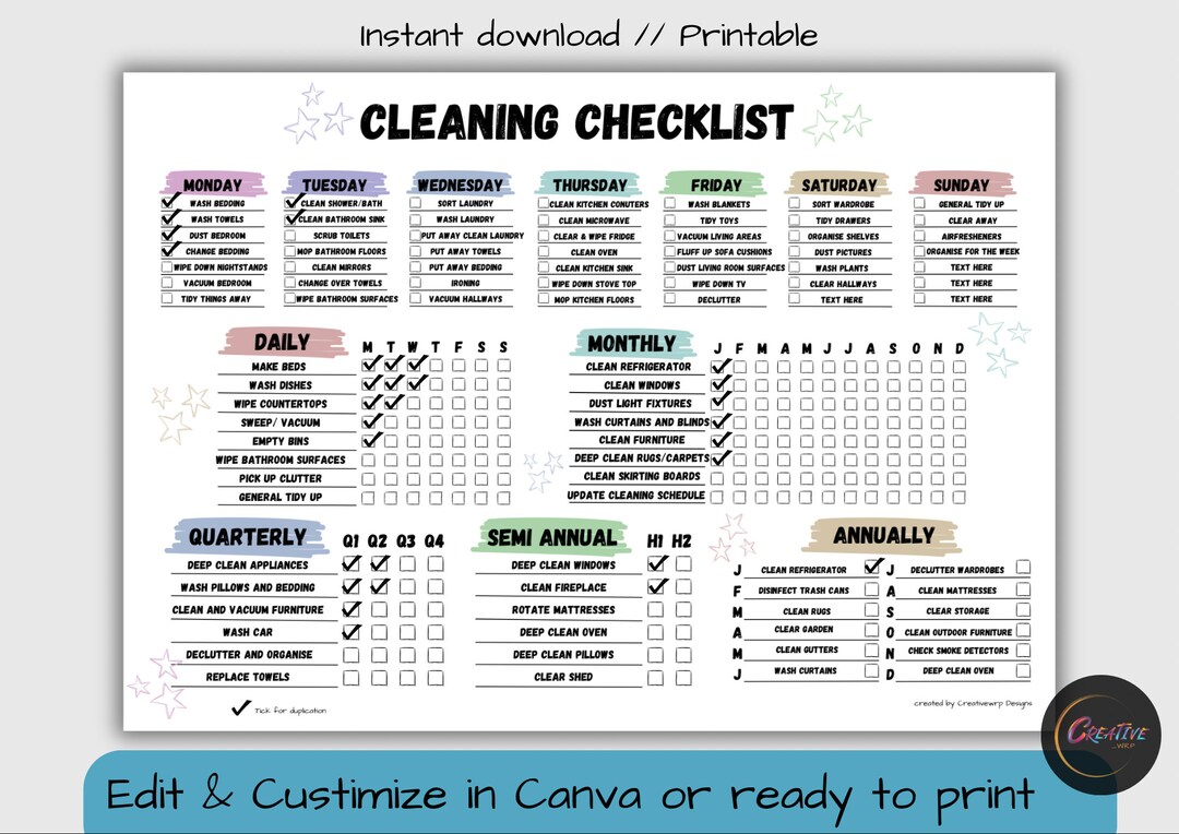 Editable Cleaning Checklist | PDF Printable & Canva Template | Cleaning ...