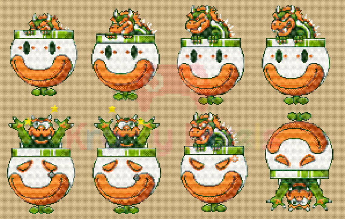 Super Mario World 1991 Bowser Sprites Cross Stitch Patterns 8 Designs ...