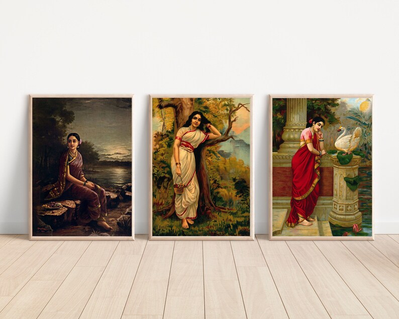 Set of 3 Indian Vintage Paintings by Raja Ravi Varma Radha in the ...