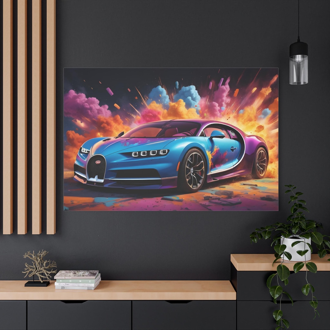 Bugatti Chiron Canvas Art: Bright Color Explosion, Supercar Wall Decor ...