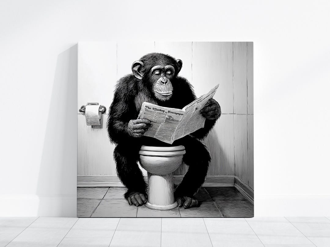 Ready to Hang Monkey CANVAS - Funny Chimpanzee on the Toilet Reading ...