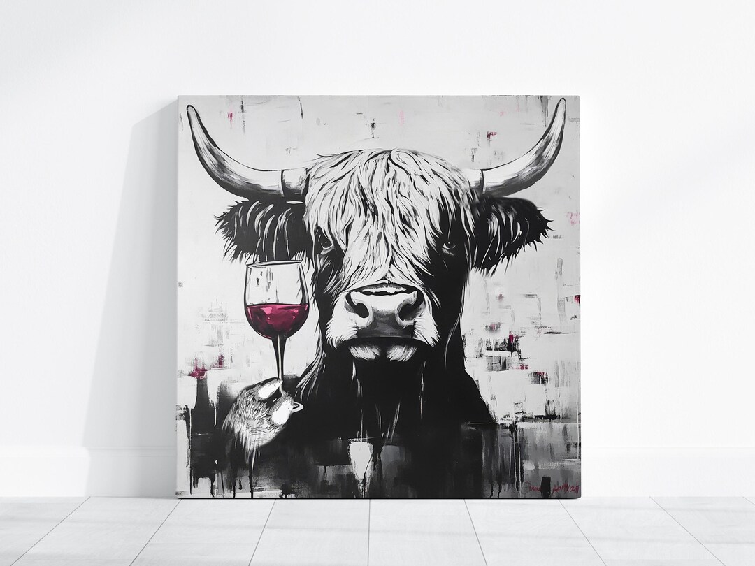 Ready to Hang Highland COW Red Wine CANVAS - Scottish Cattle Drinking ...